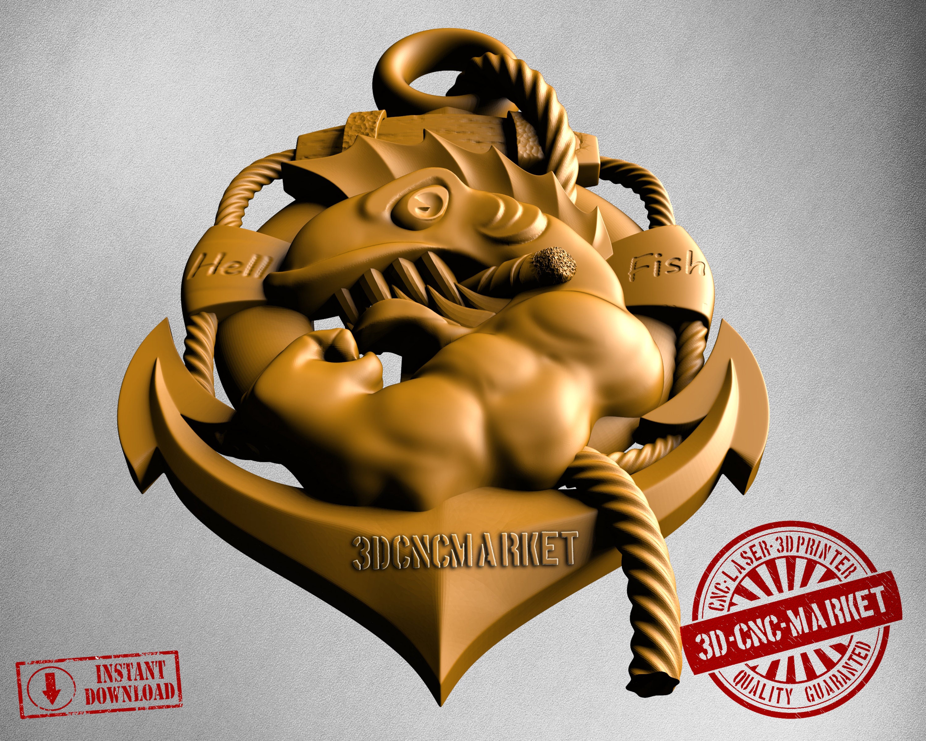10182 Artcam Cut 3D Vetric Carving Hell Fish Anchor Relief 3d STL Model ...