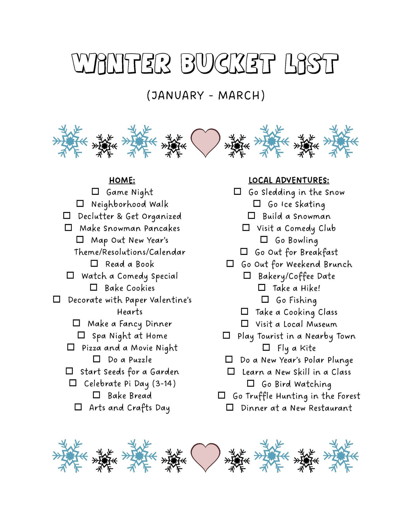 Winter Bucket List Printable - Seasonal Bucket List - Winter Fun ...