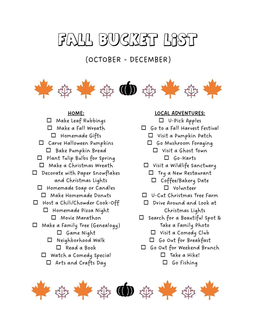 Fall Bucket List Printable - Seasonal Bucket List - Autumn Bucket List ...