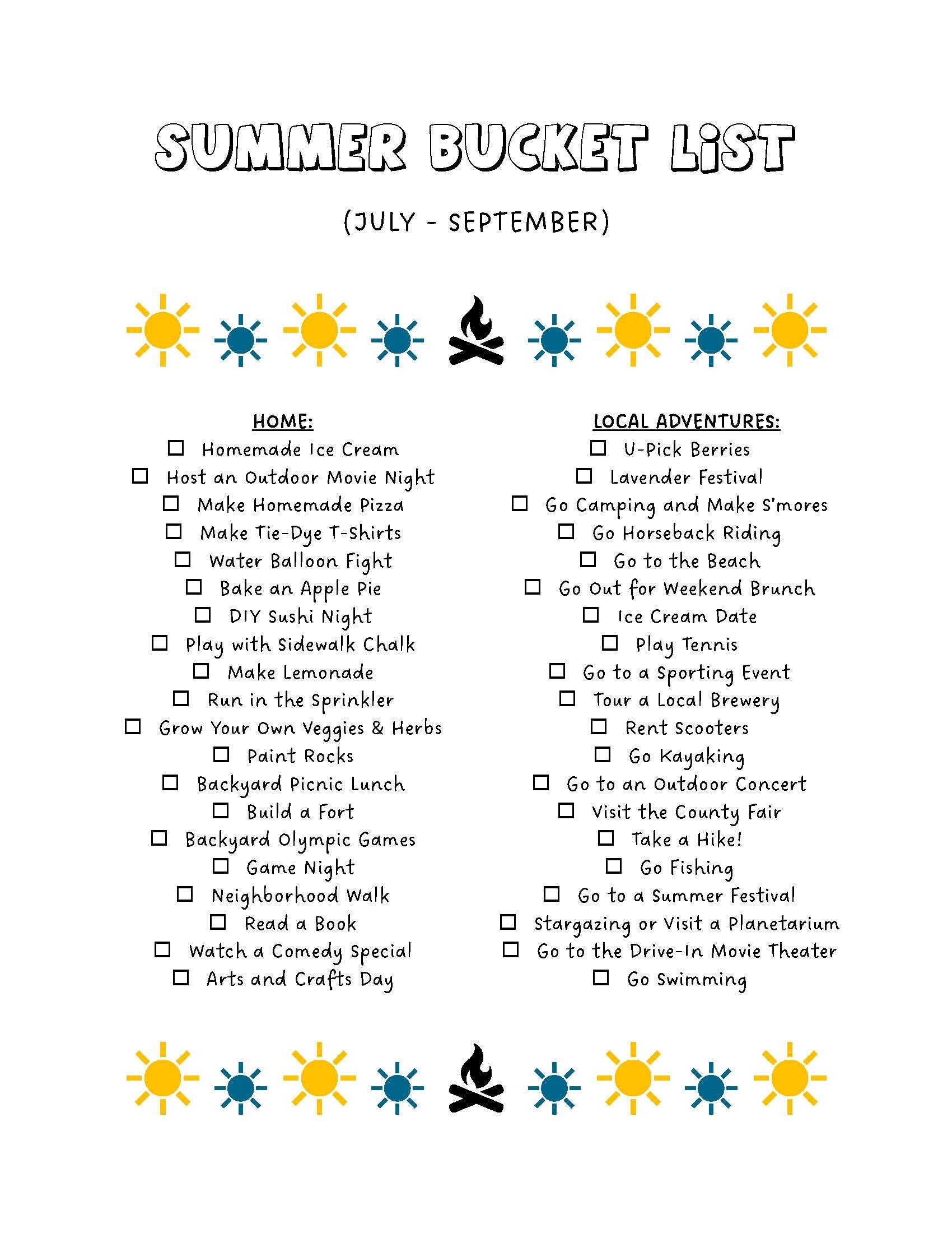 Summer Bucket List Printable - Seasonal Bucket List - Summer Fun ...