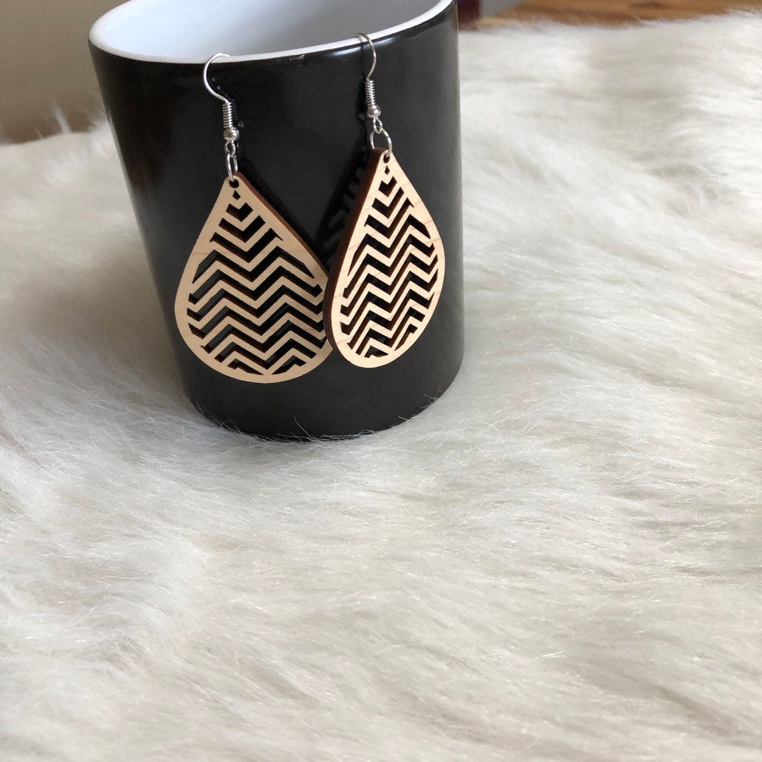 Laser Cut Natural Hardwood Earrings / Teardrop Wooden Earring / Tree ...