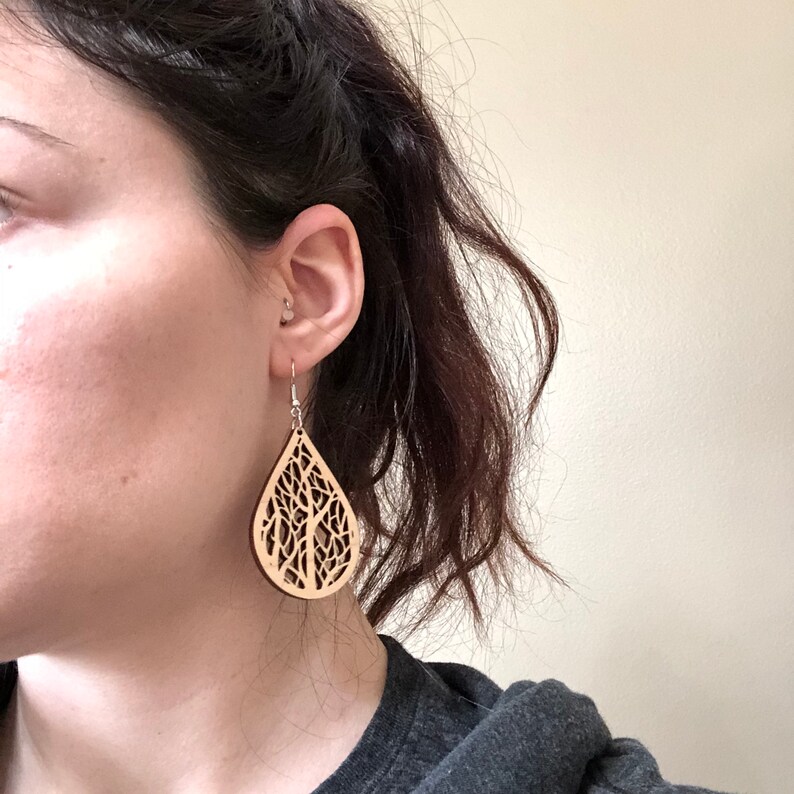 Laser Cut Natural Hardwood Earrings Teardrop Wooden Earring Etsy