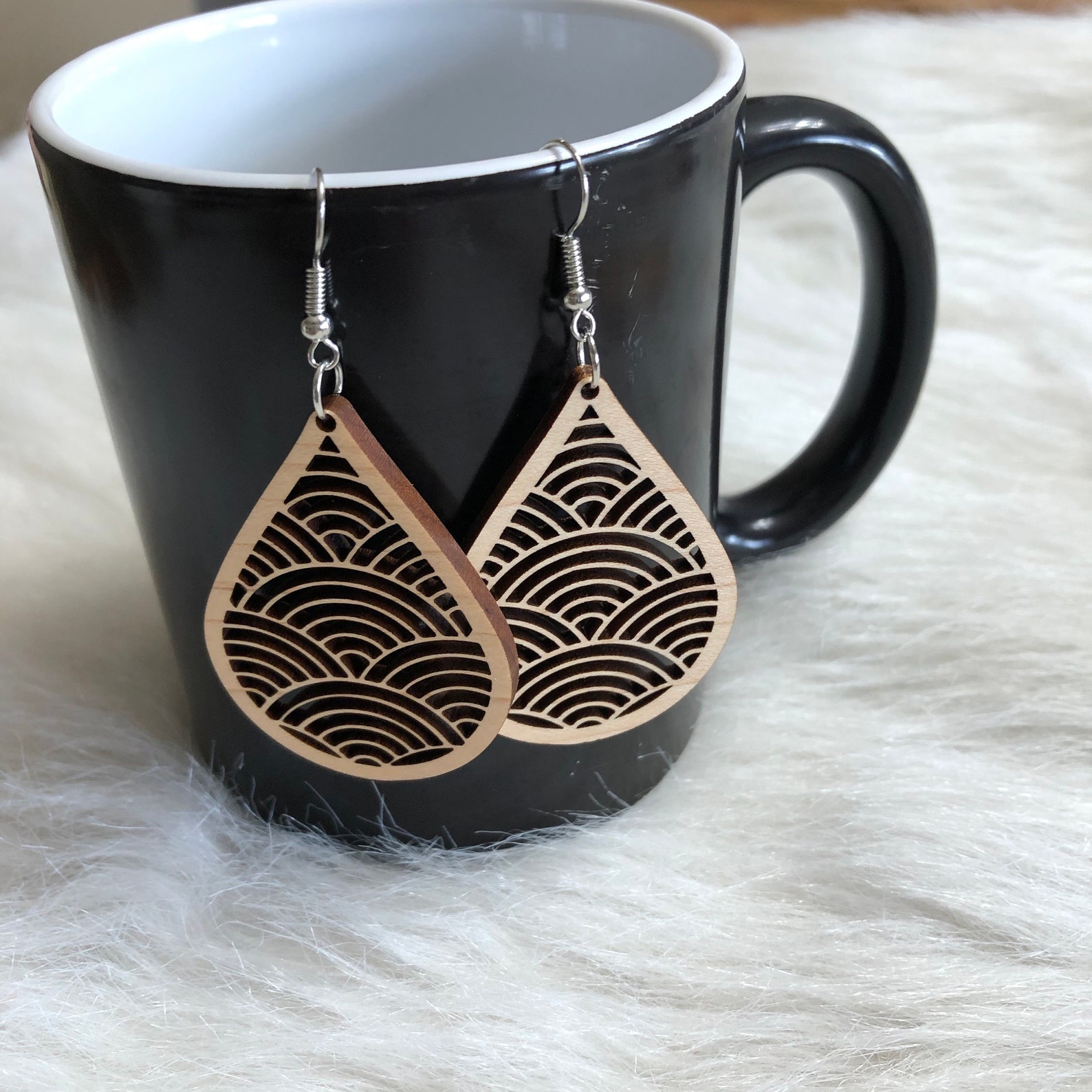 Laser Cut Natural Hardwood Earrings Teardrop Wooden Earring Tree