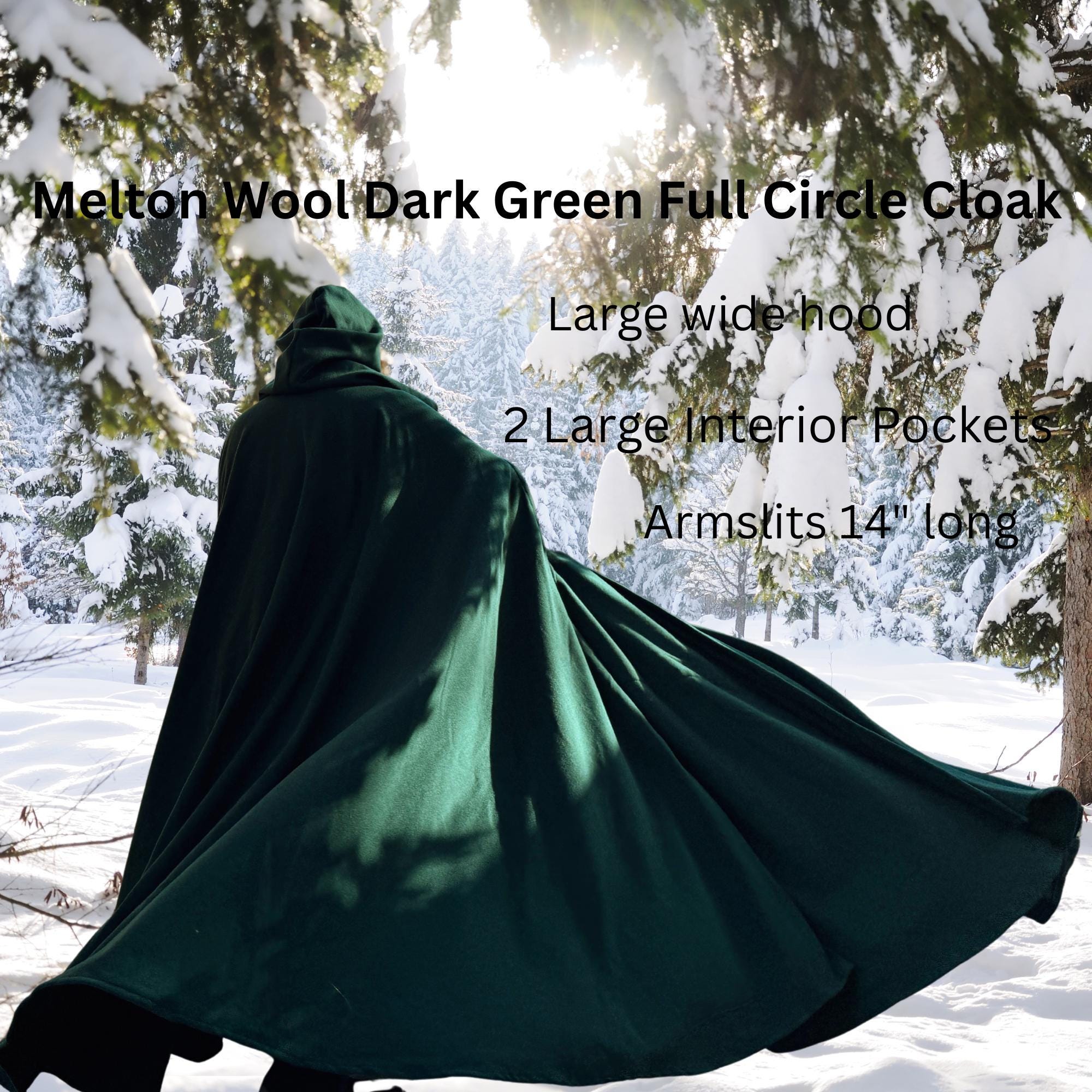Dark Green Melton WOOL Cloak~ Large Hooded Cloak~ 2 Large Pockets ...