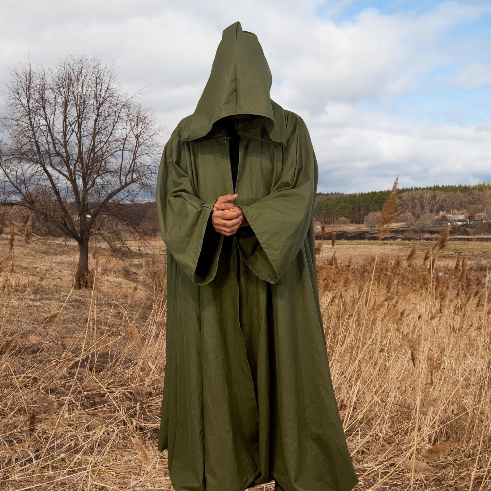 Olive Green Hooded Cloak, Full Sleeves, Large Pockets, Renaissance ...