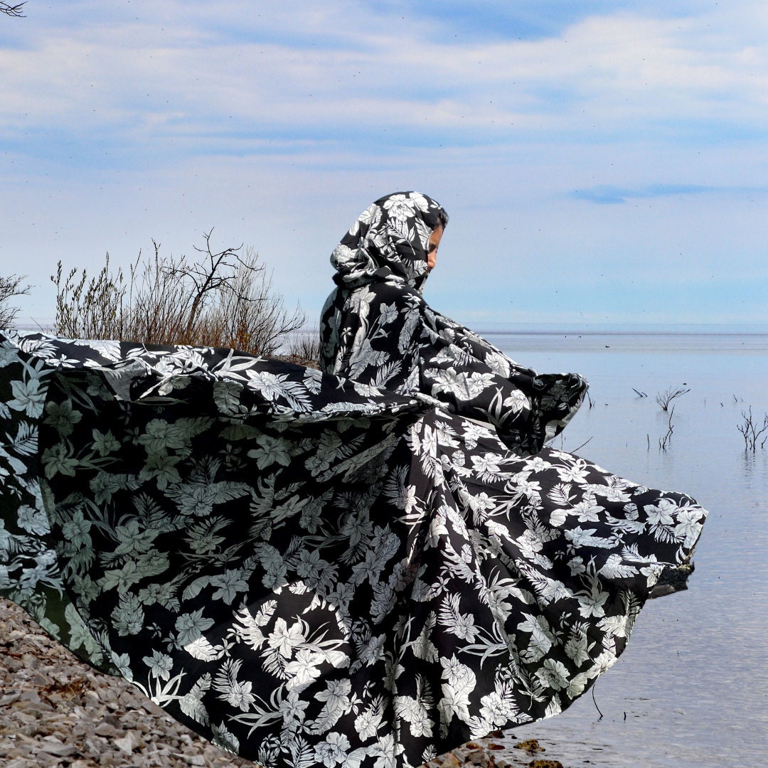 Black Hooded Cloak, FULL Circle Cloak, Black White Floral Organic ...