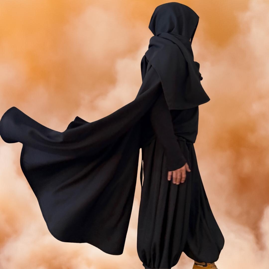 Hooded Cloak With Long Scarf, Renaissance Fantasy Robe, Black Cloak ...