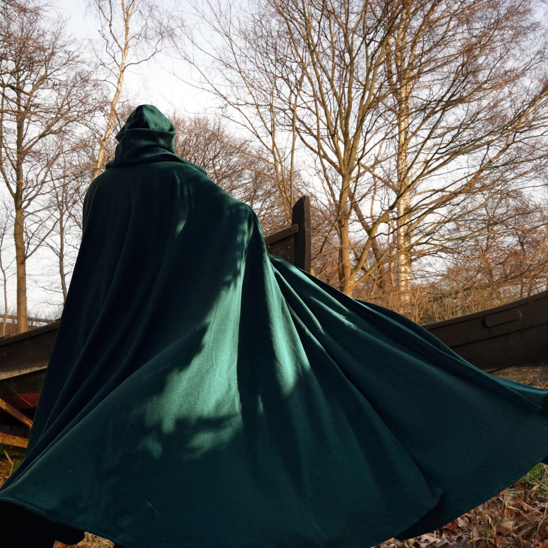 Dark Green Hooded Full Circle Cloak, Large Pockets, Medieval Cosplay ...