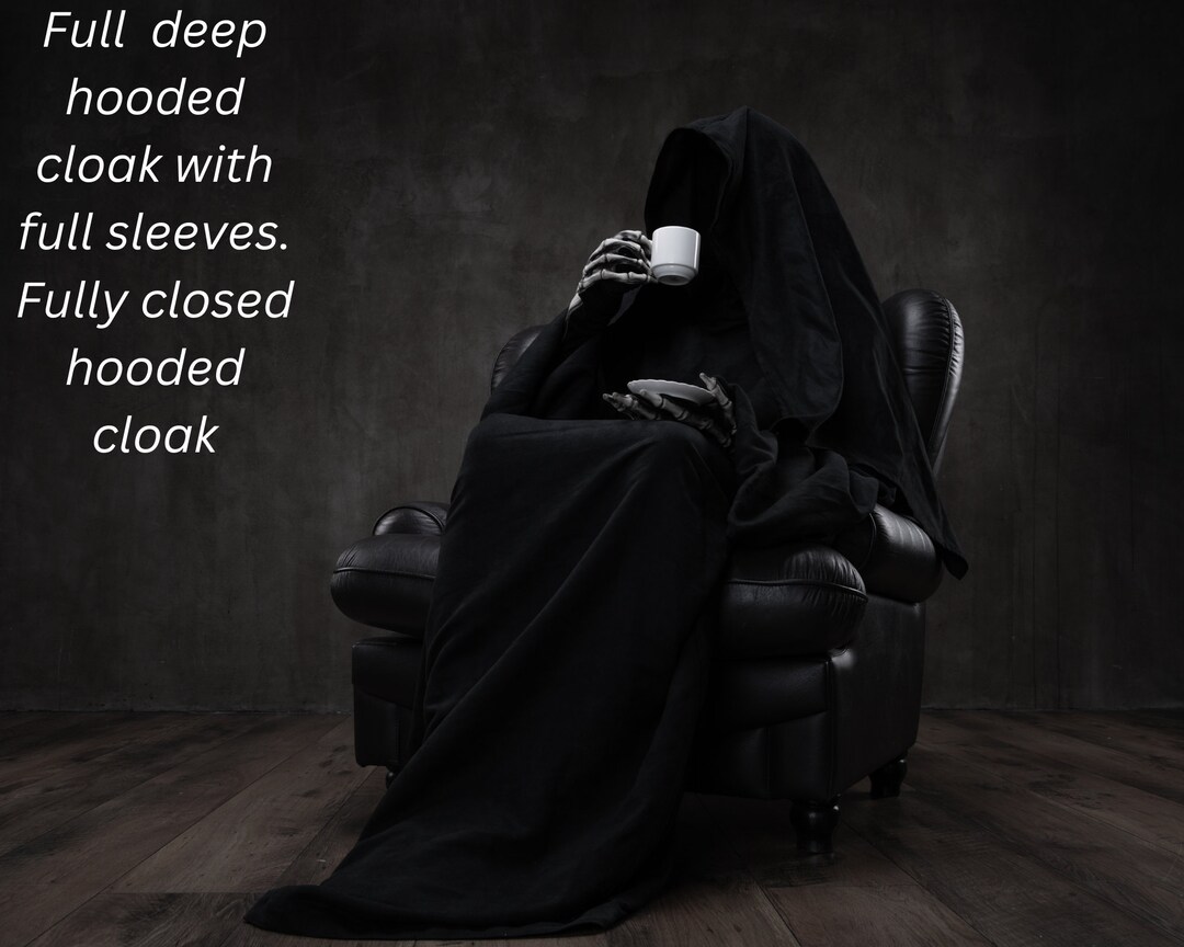 Grim Reaper Black Cloak, Large Hooded W/ Full Sleeves, Pocket ...