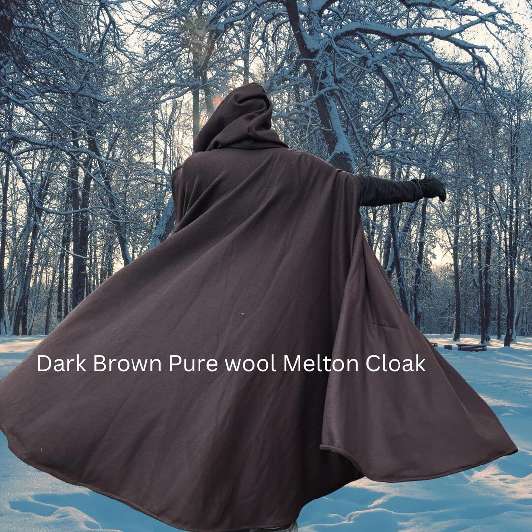 Dark Brown Melton Pure Wool Cloak, Full Circle Hooded Cloak, Large Hood ...
