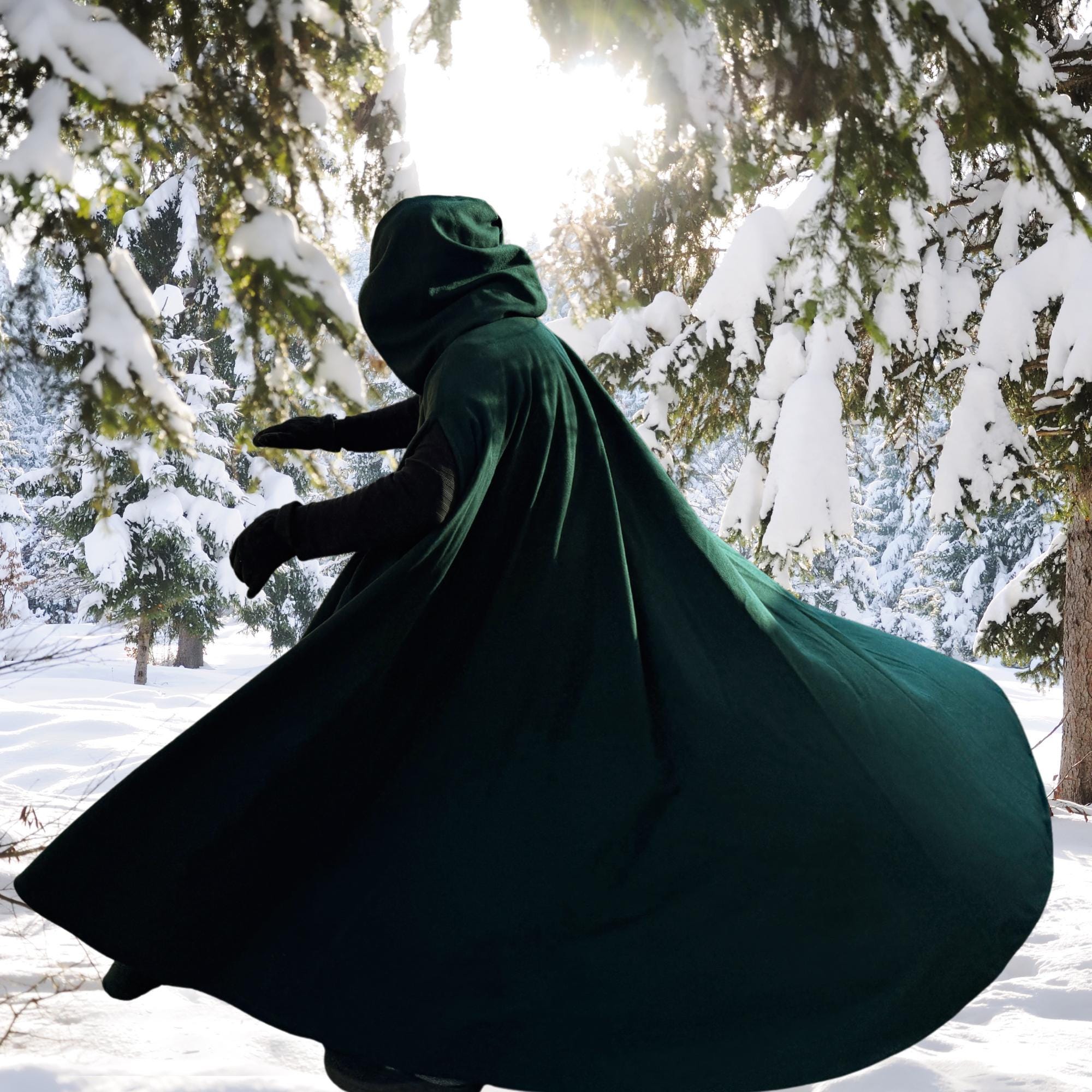 Dark Green Melton WOOL Cloak~ Large Hooded Cloak~ 2 Large Pockets ...
