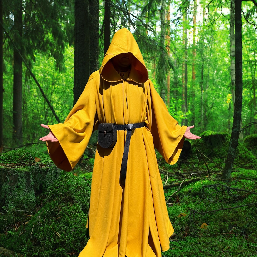 Mustard Yellow Hooded Cloak, Full Sleeves , Renaissance, Cosplay Cloak ...