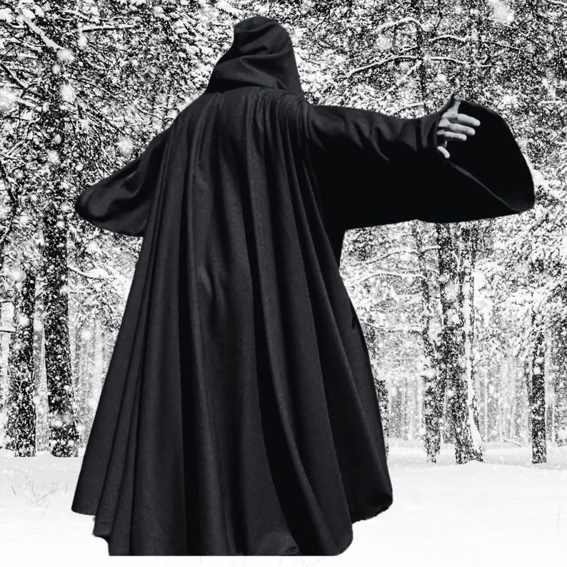 Black Hooded Cloak, Full Sleeves Cloak, Large Pockets, Wizard Cloak ...