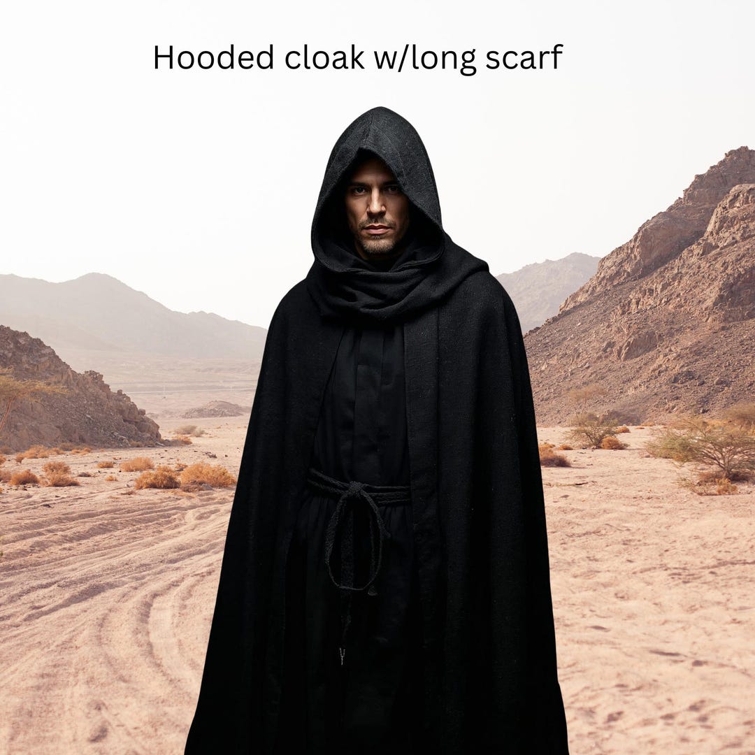 Black Hooded Cloak With Long Scarf, Renaissance Cosplay, LARP, Large ...