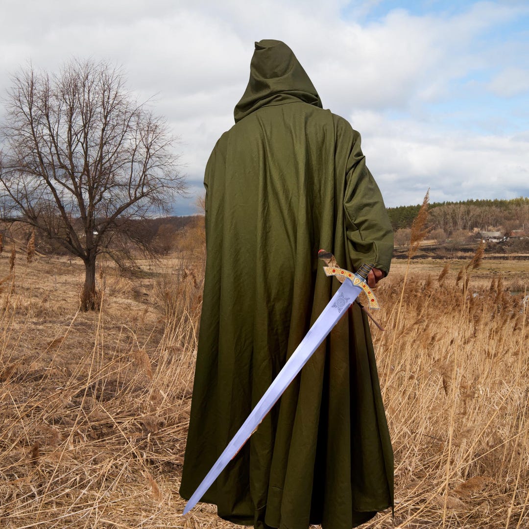 Olive Green Hooded Cloak, Full Sleeves, Large Pockets, Renaissance ...