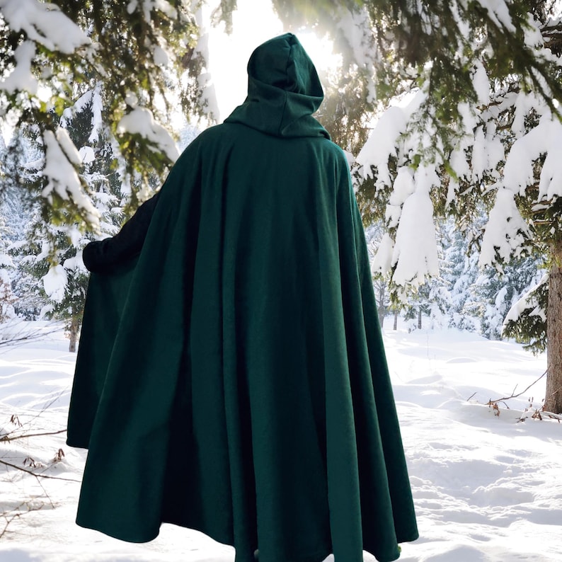 Dark Green Melton WOOL Cloak~ Large Hooded Cloak~ 2 Large Pockets ...