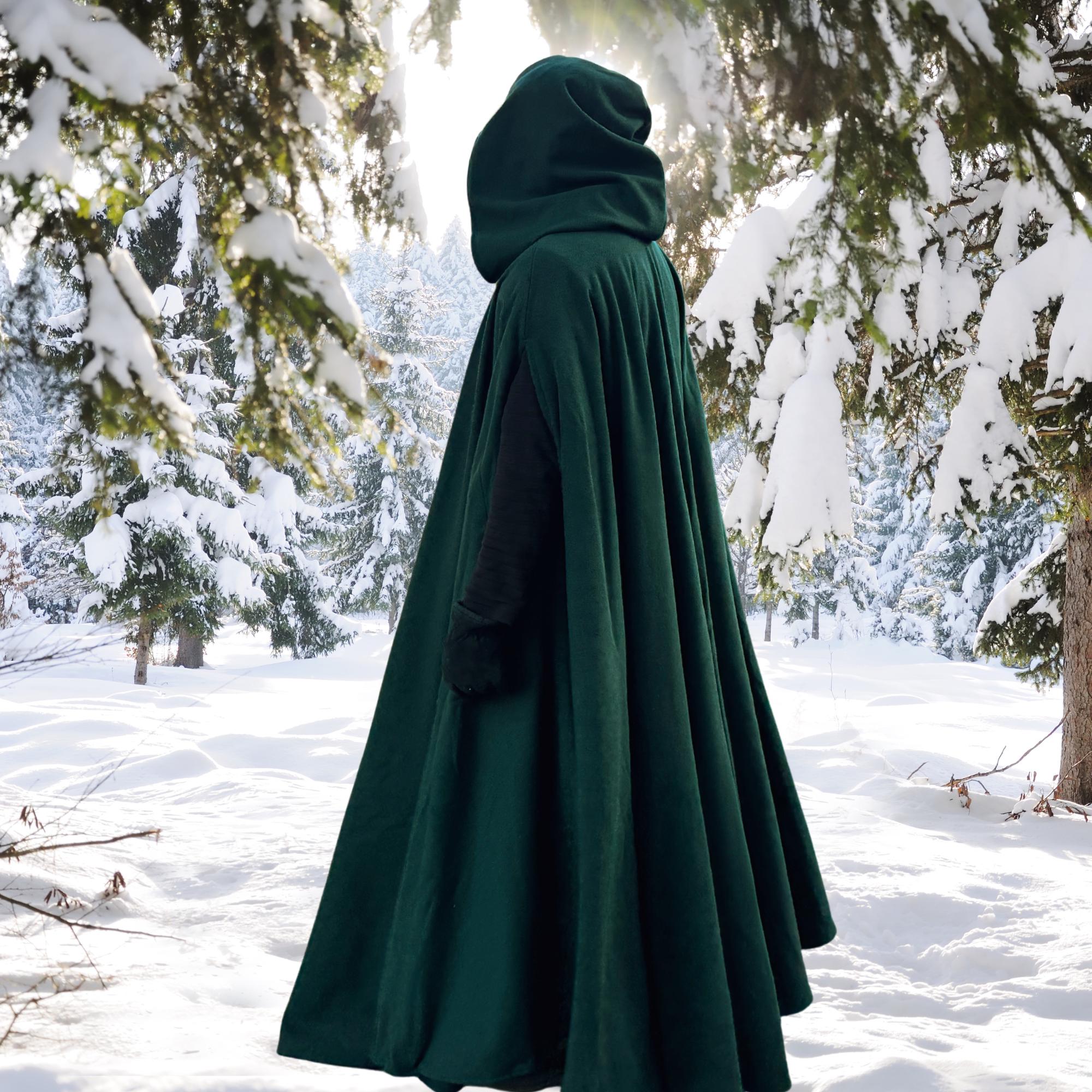 Dark Green Melton WOOL Cloak~ Large Hooded Cloak~ 2 Large Pockets ...