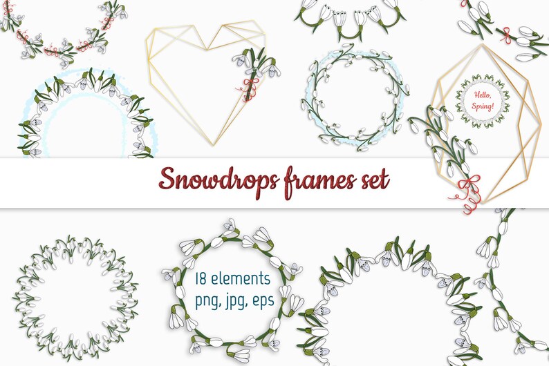 Snowdrops Clipart and Floral Frame Set, 18 High Quality Graphic Objects ...
