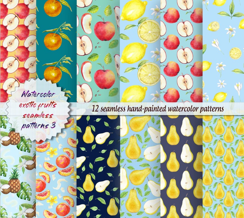 Watercolor Tropical Fruits Digital Paper Seamless Patterns. Watercolor ...