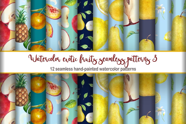 Watercolor Tropical Fruits Digital Paper Seamless Patterns. Watercolor ...