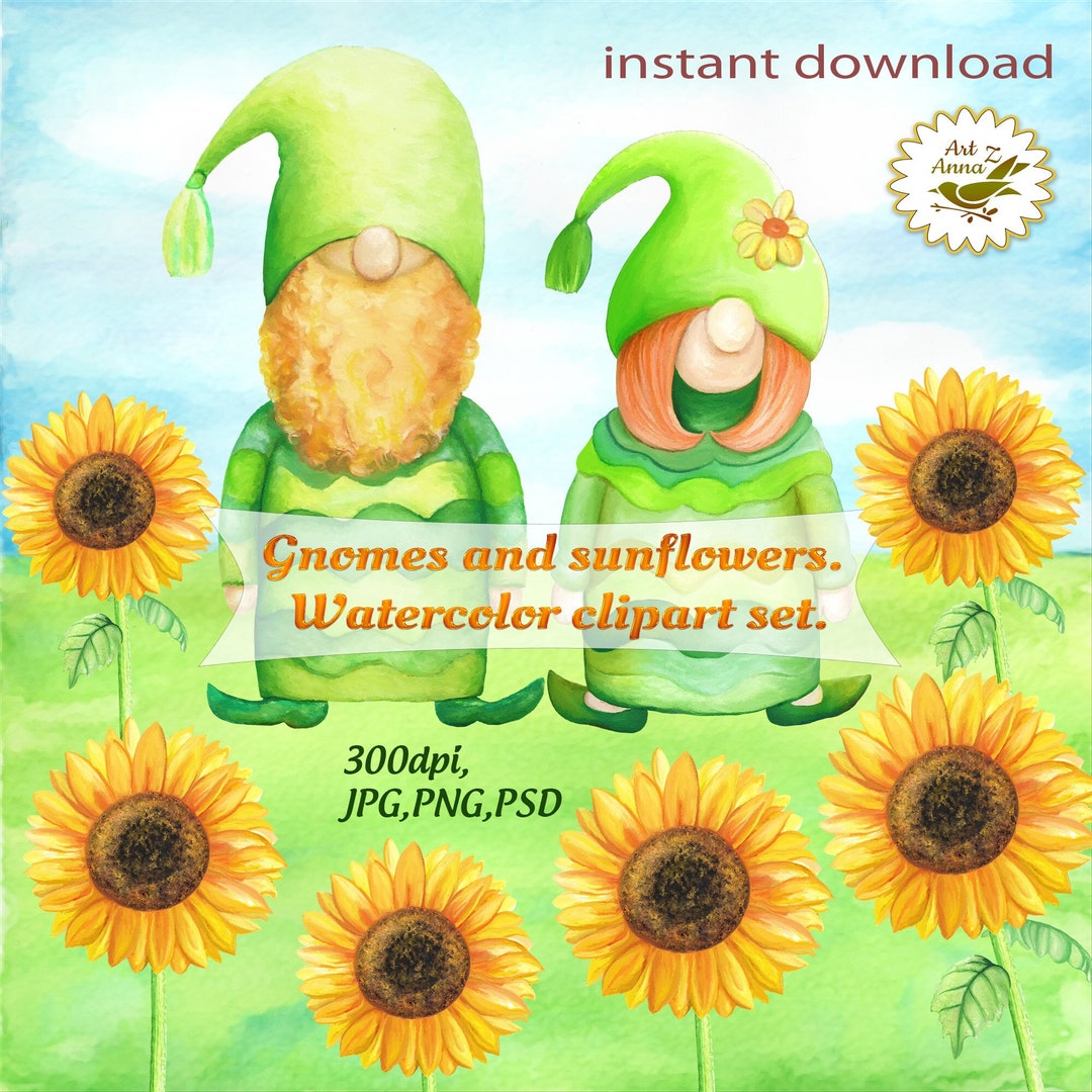 Gnomes and Sunflowers Watercolor Digital Clipart Instant Download. Hand ...