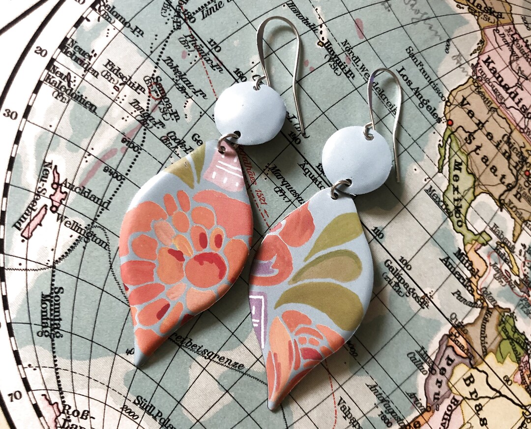 Tin oorbellen oranje, groen & eendenei blauwe puntige ovalen en ...