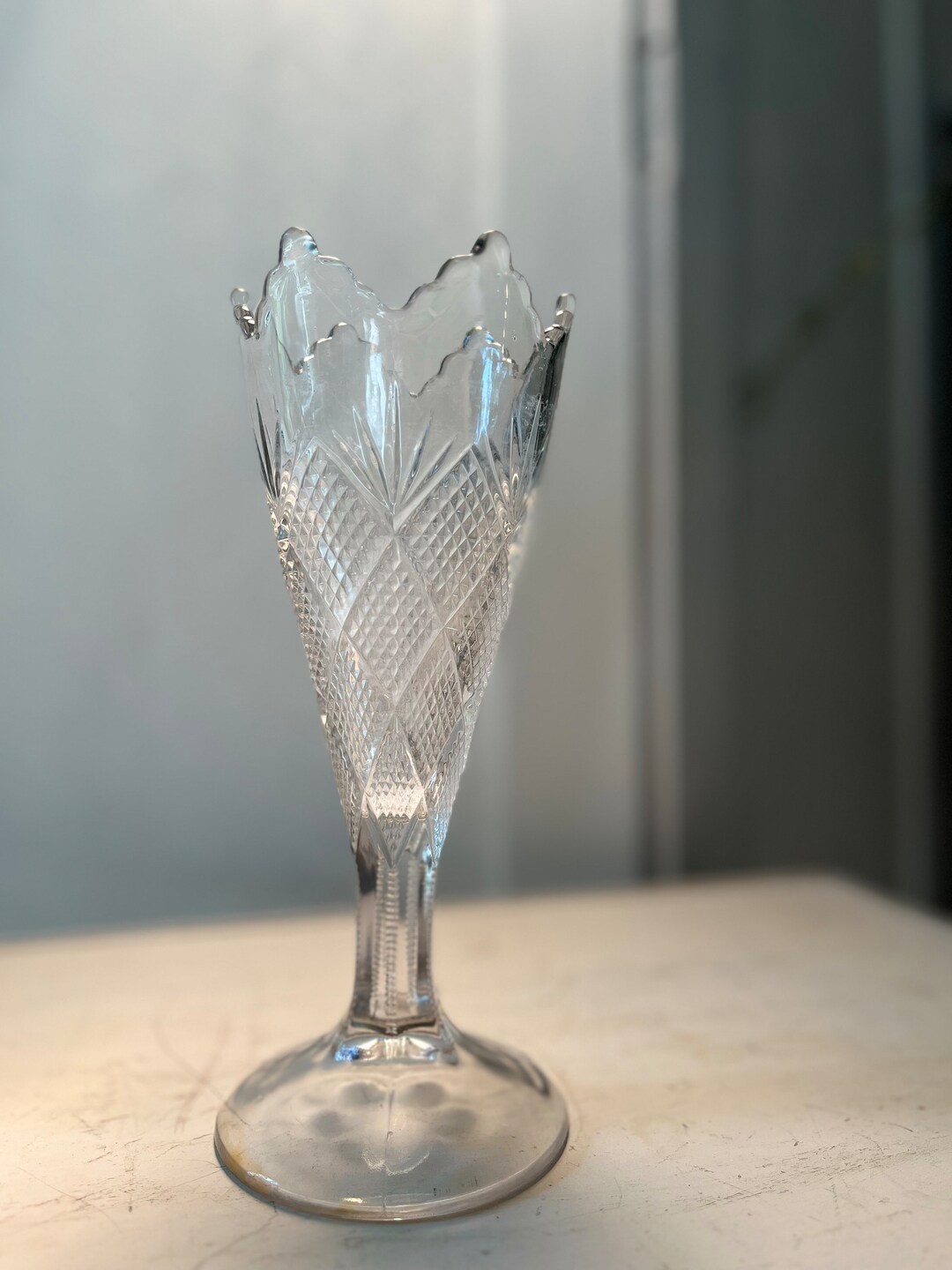 Vintage Glass Diamond Cut Trumpet Vase - Etsy