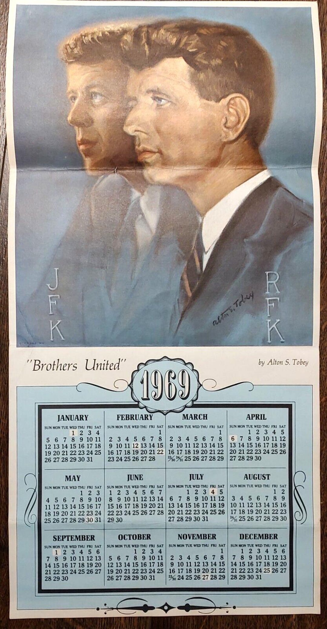 1969 Calendar Jfk John Robert Kennedy Lithograph Alton Tobey Vintage ...