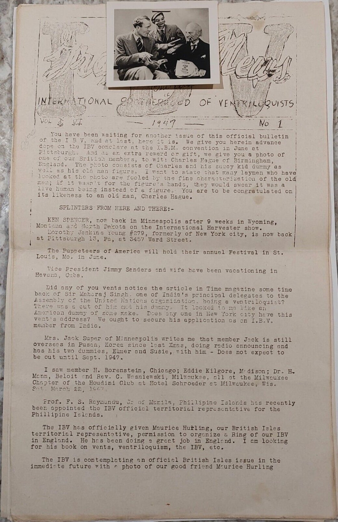 International Brotherhood of Ventriloquists News 1947 Ibv W/ Photo ...