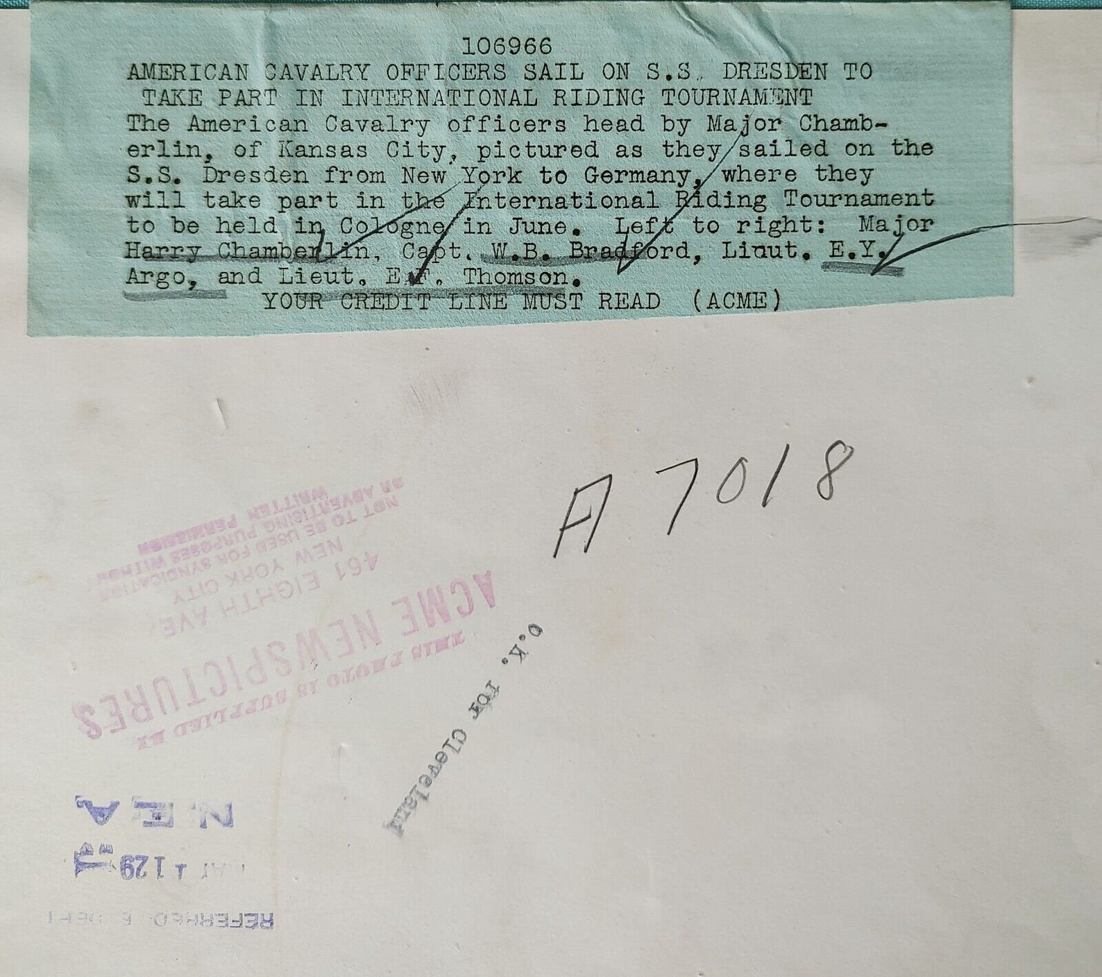 Vintage American Cavalry Officers Press Photo Ss Dresden Ocean Liner ...