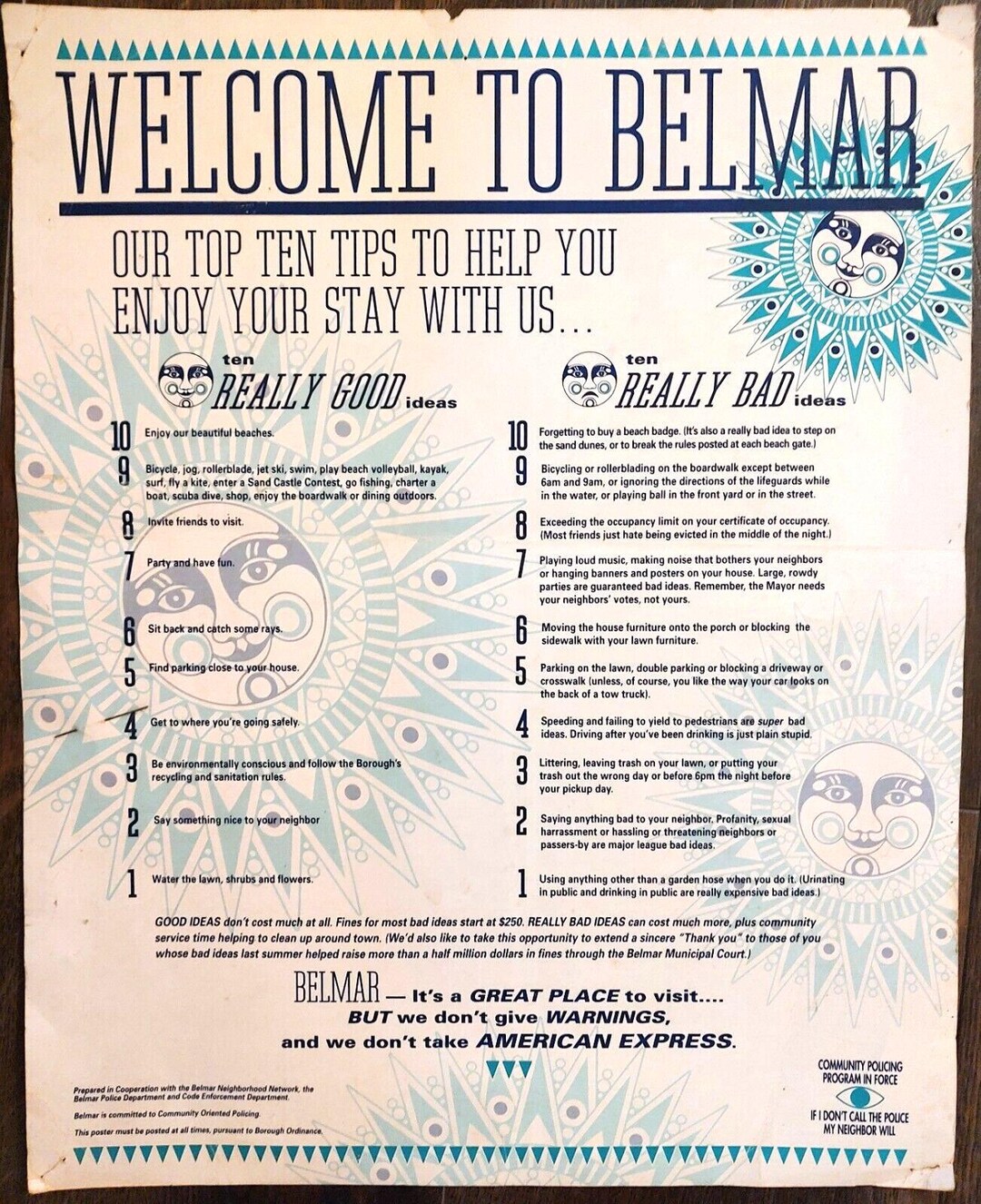Welcome to Belmar Nj Poster Placard Police Really Good Bad Ideas 14X18 ...