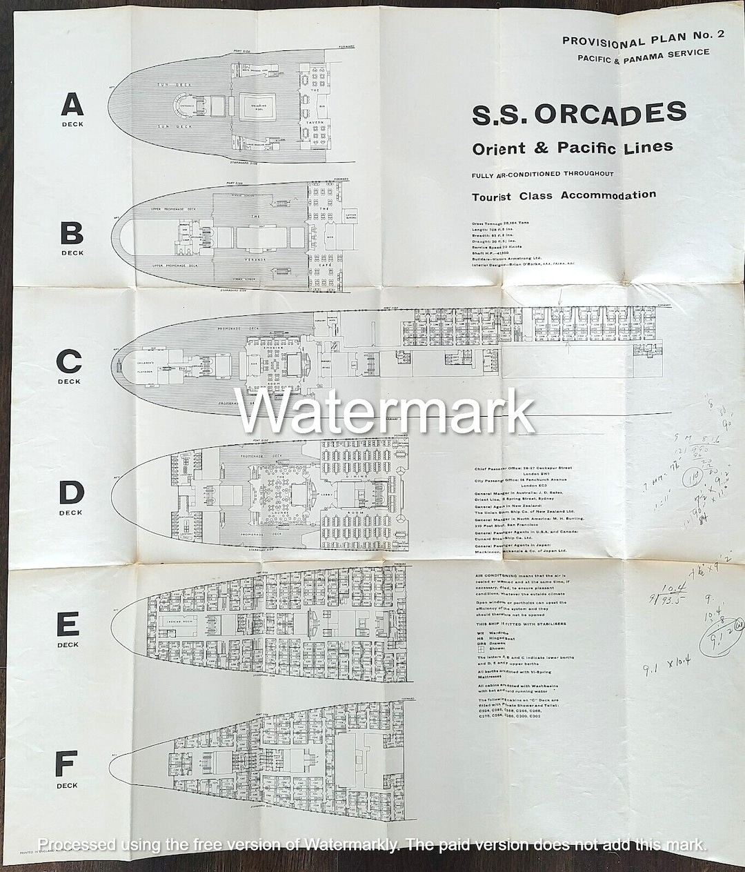 Ss Orcades Provisional Plan Layout 1959 Tourist Class Ocean Liner ...