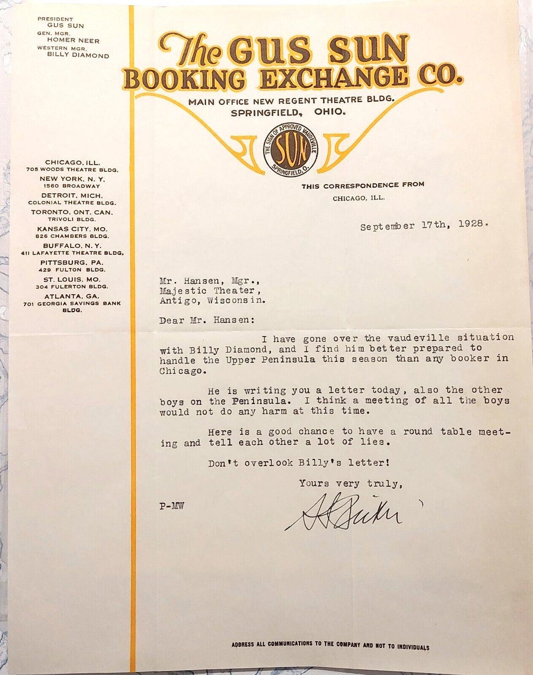 Gus Sun Booking Exchange Letter Head 1928 Antigo Wi Theatre Vintage ...