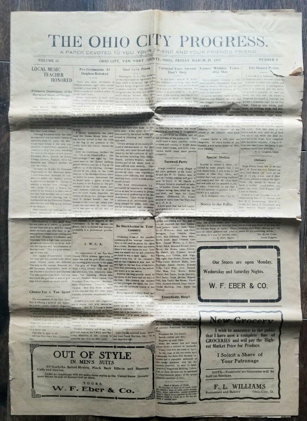 The Ohio City Progress Newspaper Van Wert Oh March 1918 Wwi Vintage ...