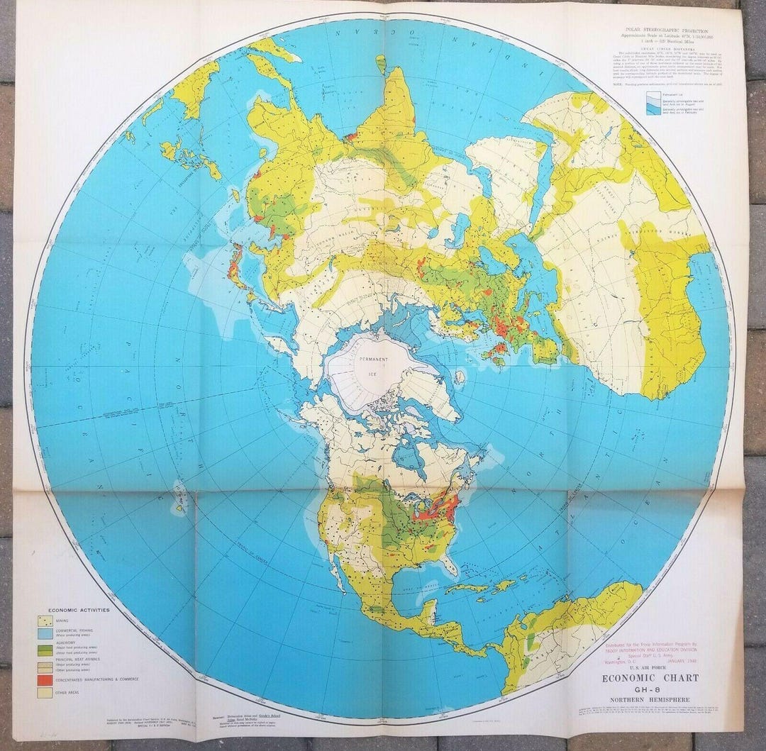 1948 Map U.S. Air Force Economic Chart Northern Hemisphere Military ...