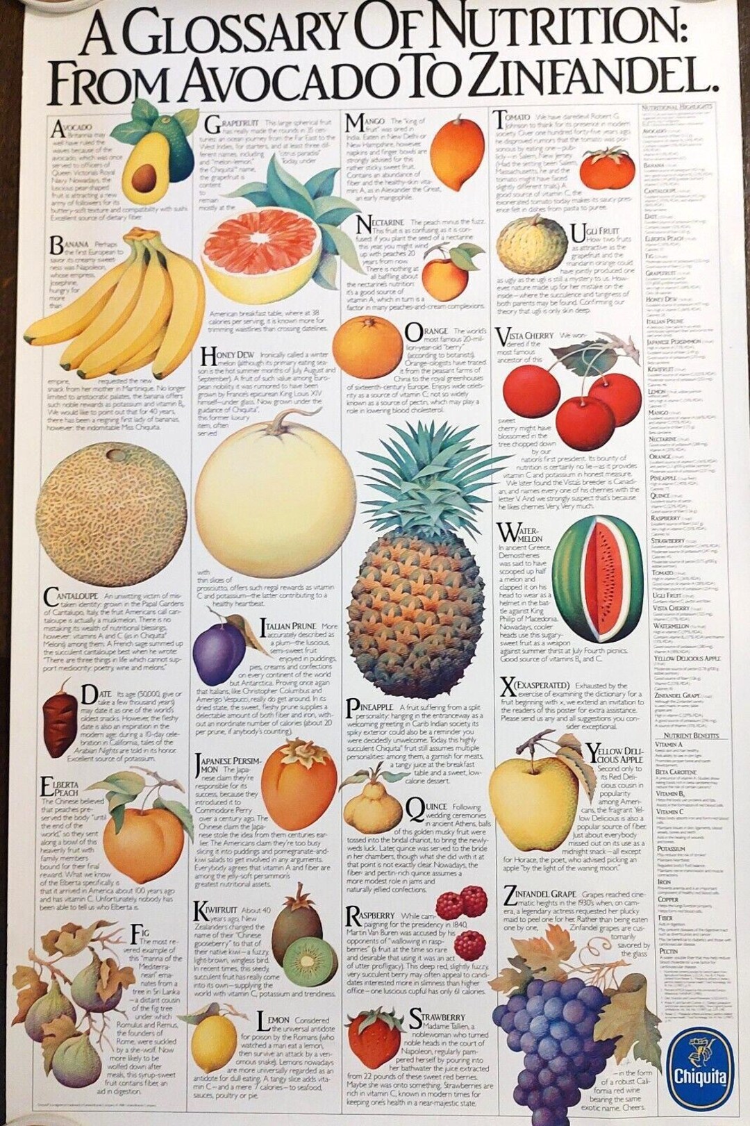 Vintage Glossary of Nutrition Poster 1988 Chiquita Banana Alphabetical ...