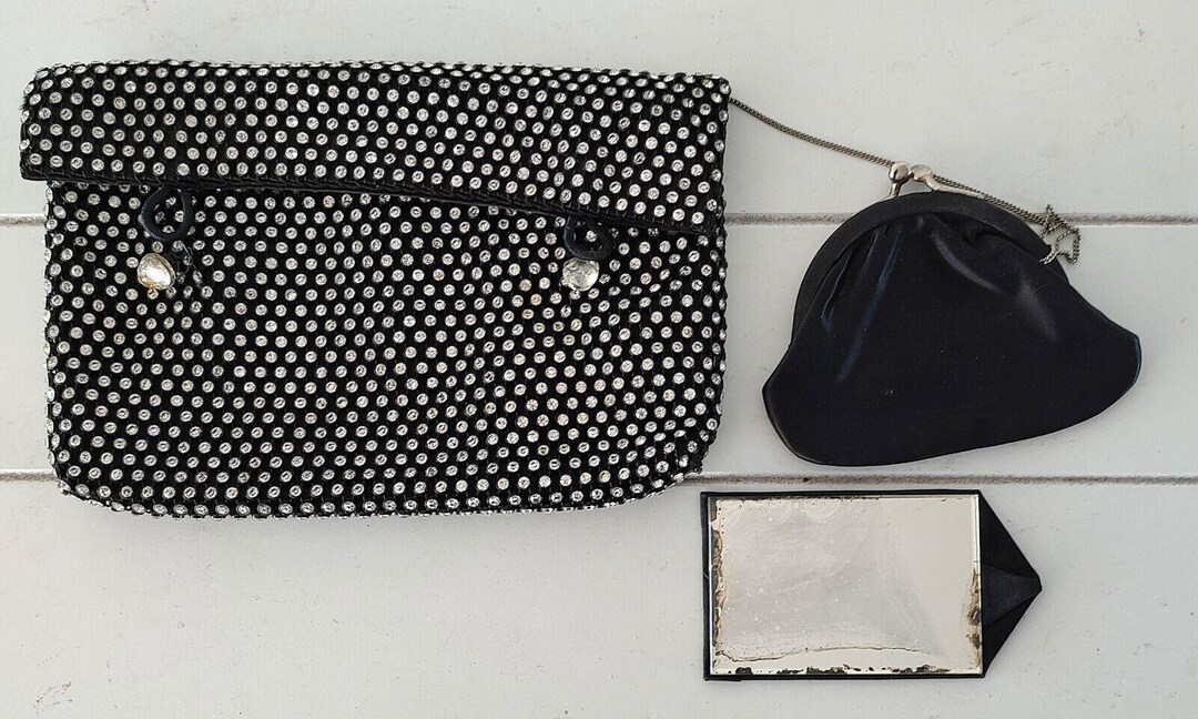 Vintage Black Silver Rhinestone Clutch Purse W/ Chained Coin Bag and ...