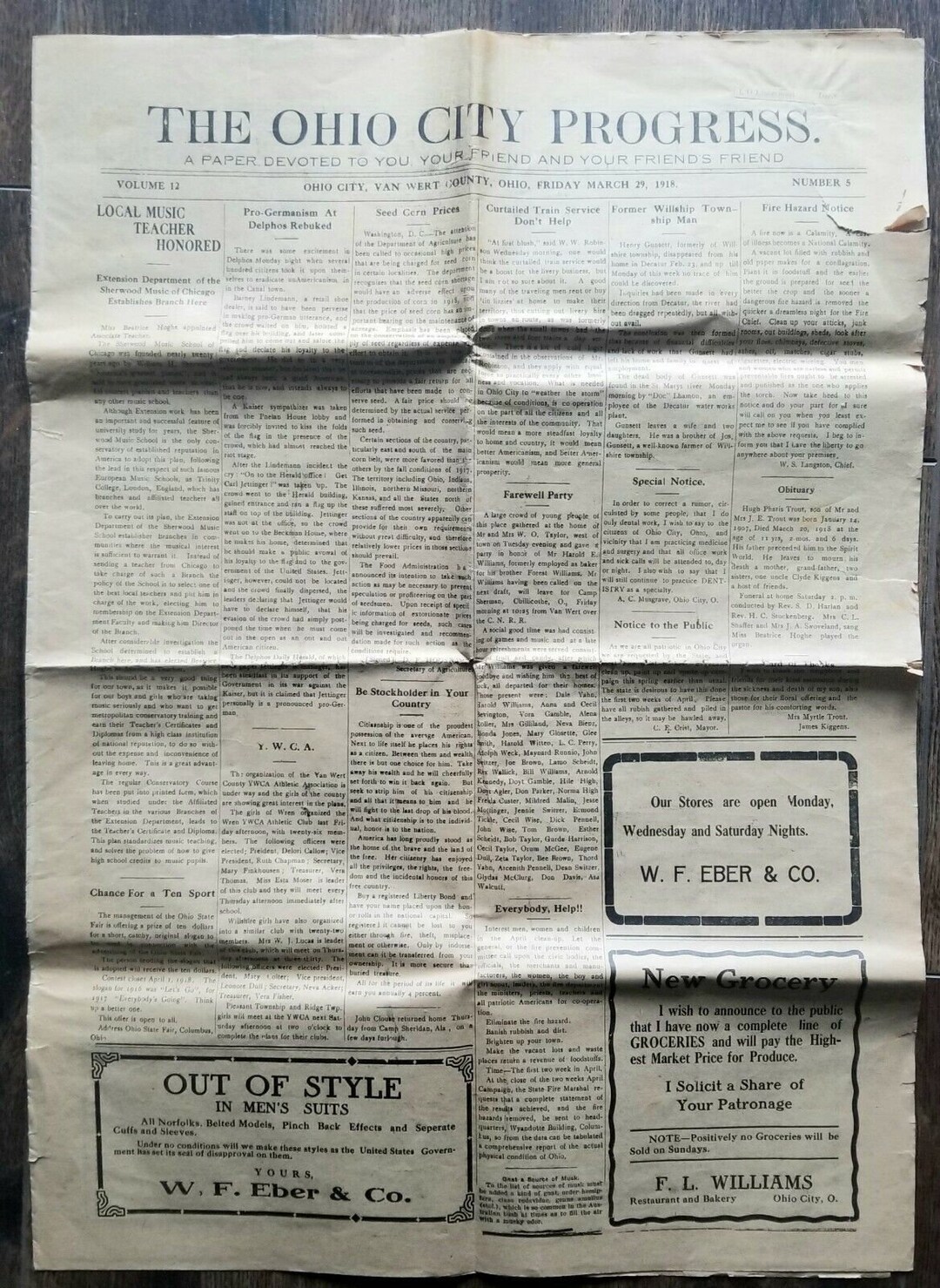 The Ohio City Progress Newspaper Van Wert Oh March 1918 Wwi Vintage ...