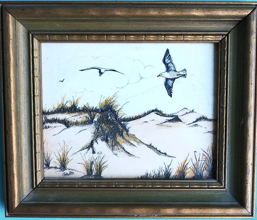 Vintage Etching Enamel Painting Signed Carlos Rios Gulls Beach Dunes - Etsy