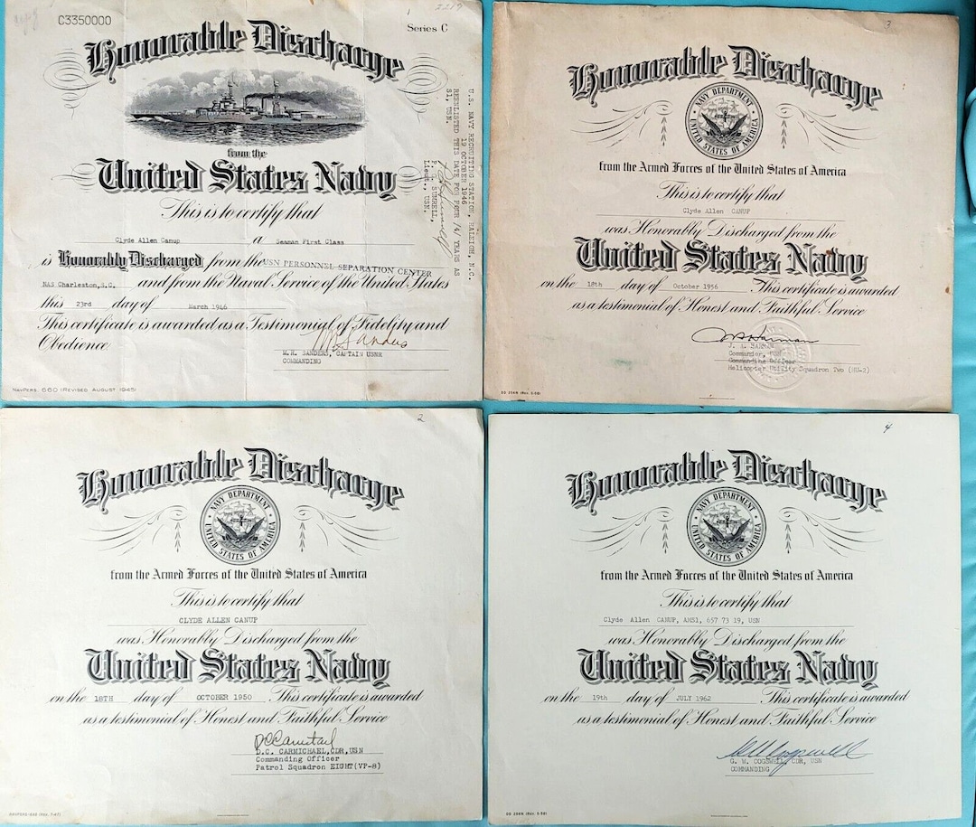 Lot of 4 Us Navy Honorable Discharge Certificate Ww2 Clyde Canup ...