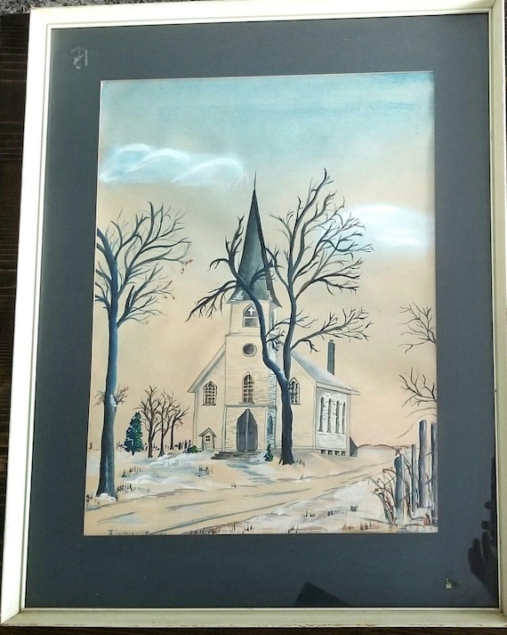 Watercolor Framed Signed J. Somerville Church Winter … - Gem