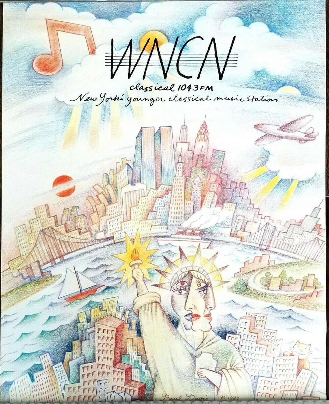 Vintage Wncn Radio New York Poster 1987 Paul Davis Statue Liberty Nyc ...