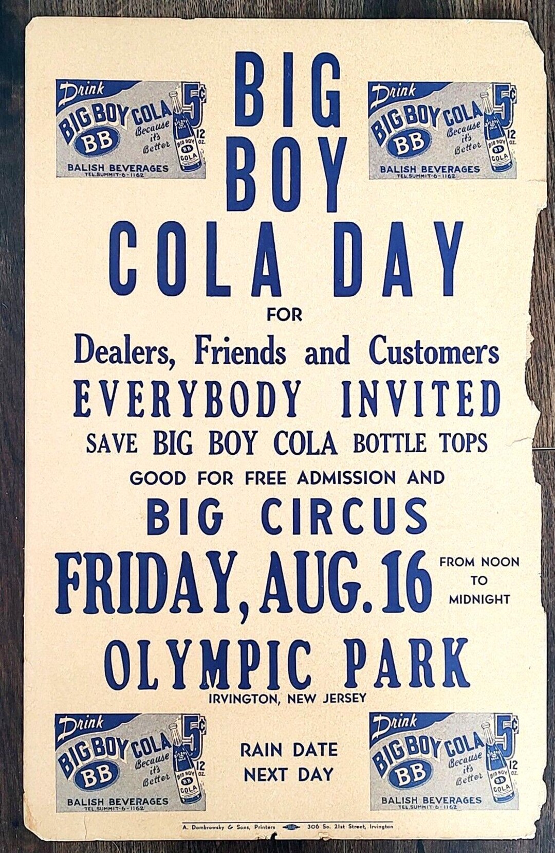 Vintage Big Boy Cola Day Poster Cardboard Olympic Park Irvington Nj ...