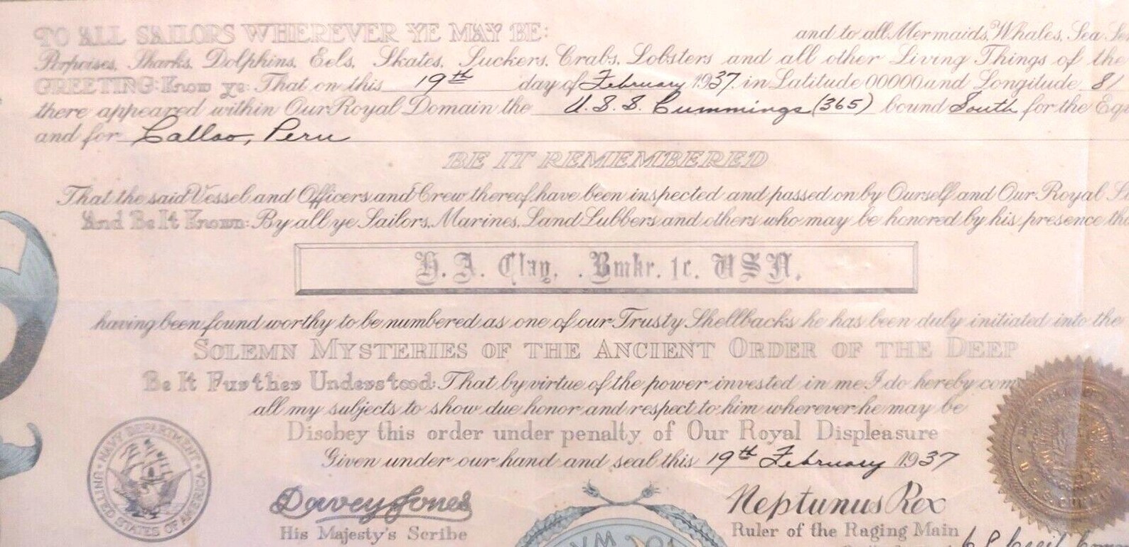 Solemn Mysteries Ancient Order of Deep 1937 Uss Cummings Signed Admiral ...