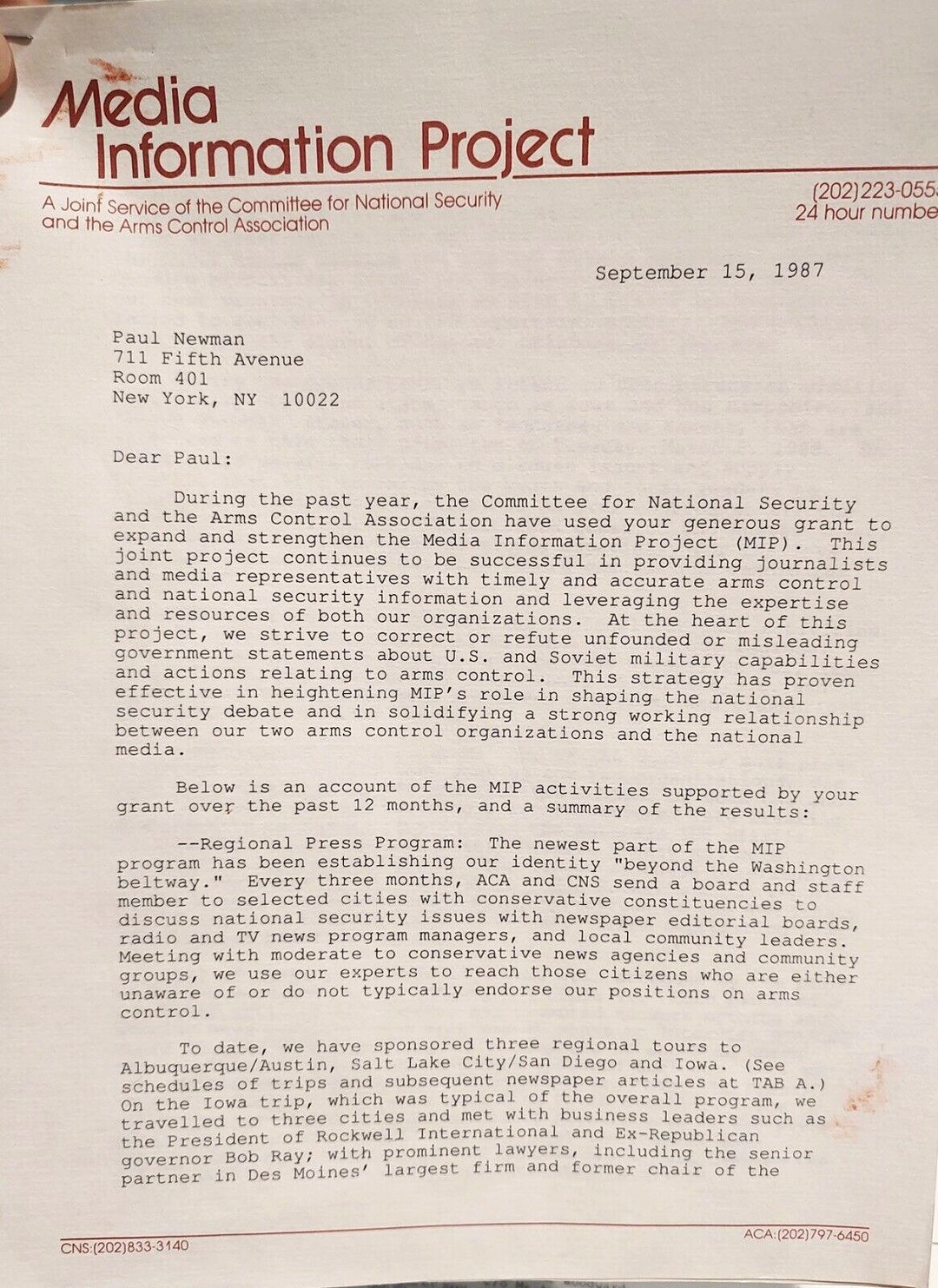 Letter to Paul Newman 1987 Signed Paul Warnke Gerard C. Smith Media ...
