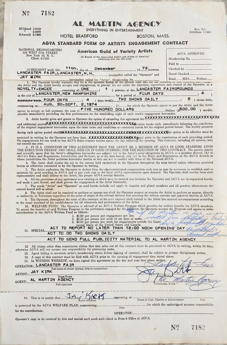 Contract Act Comedian December 1973 Show Lancaster Nh Fair Vintage ...