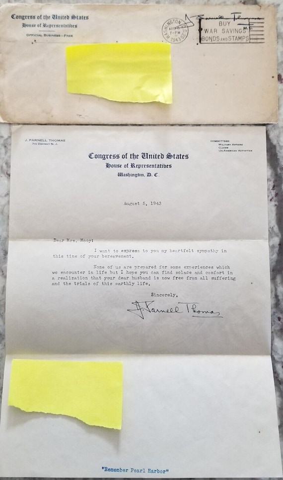 Condolence Letter 1943 Us Congressman J. Parnell Thomas Nj - Etsy