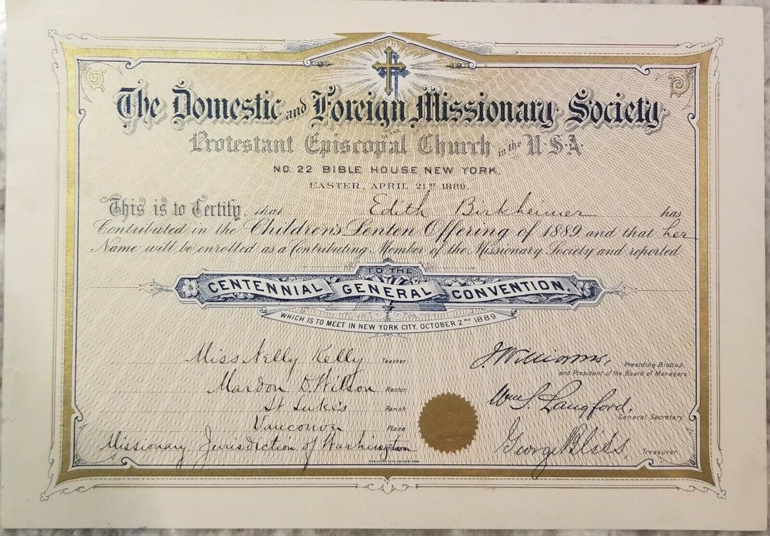 Vintage Domestic and Foreign Missionary Society Certificate 1889 New ...