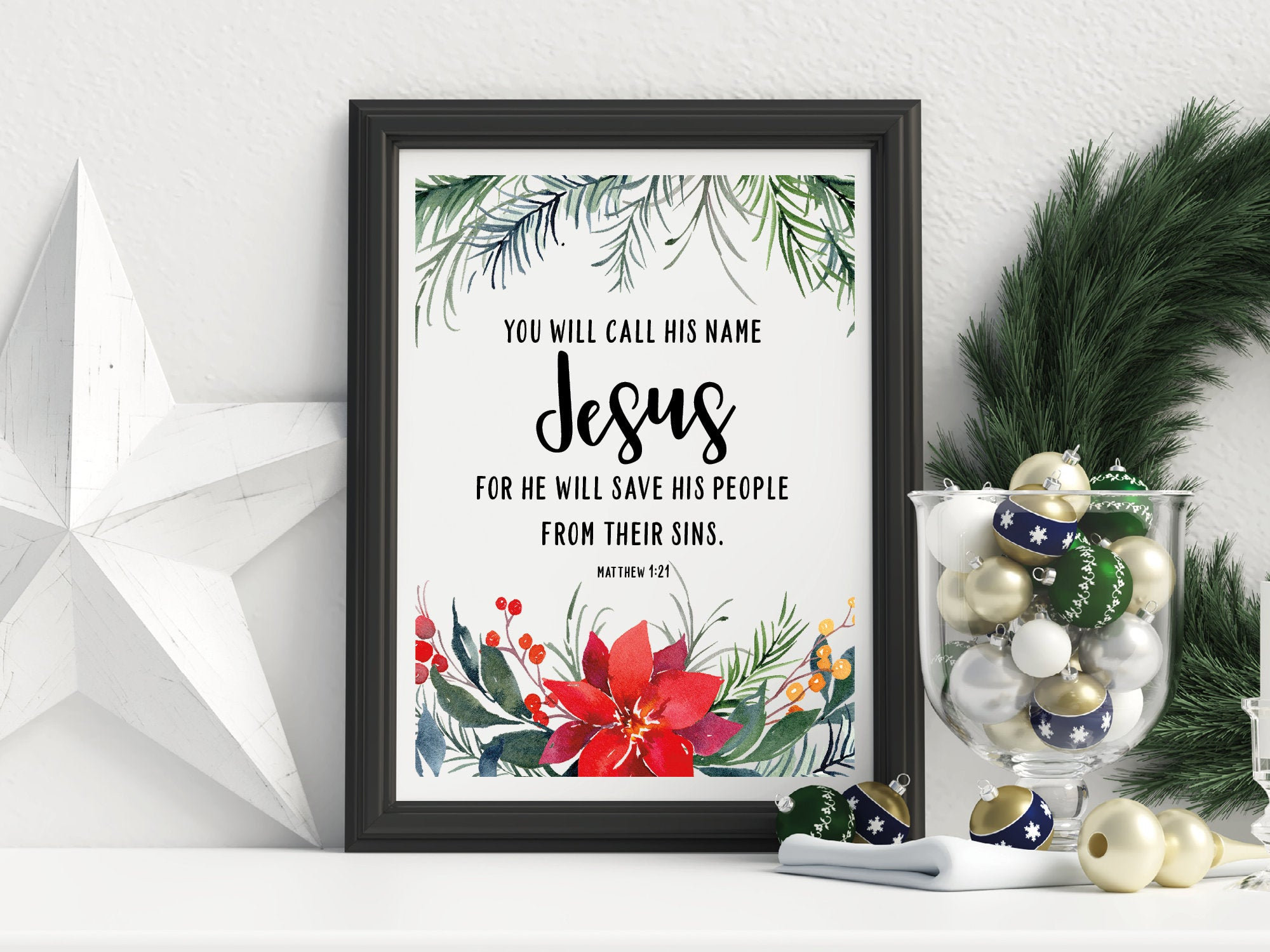 Christmas Bible Verse Printable, Poinsettia Floral Art (digital ...