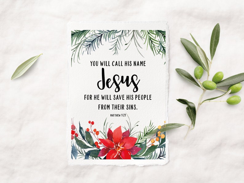 Christmas Bible Verse Sign, Matthew 1:21 Scripture Printable, Christmas ...